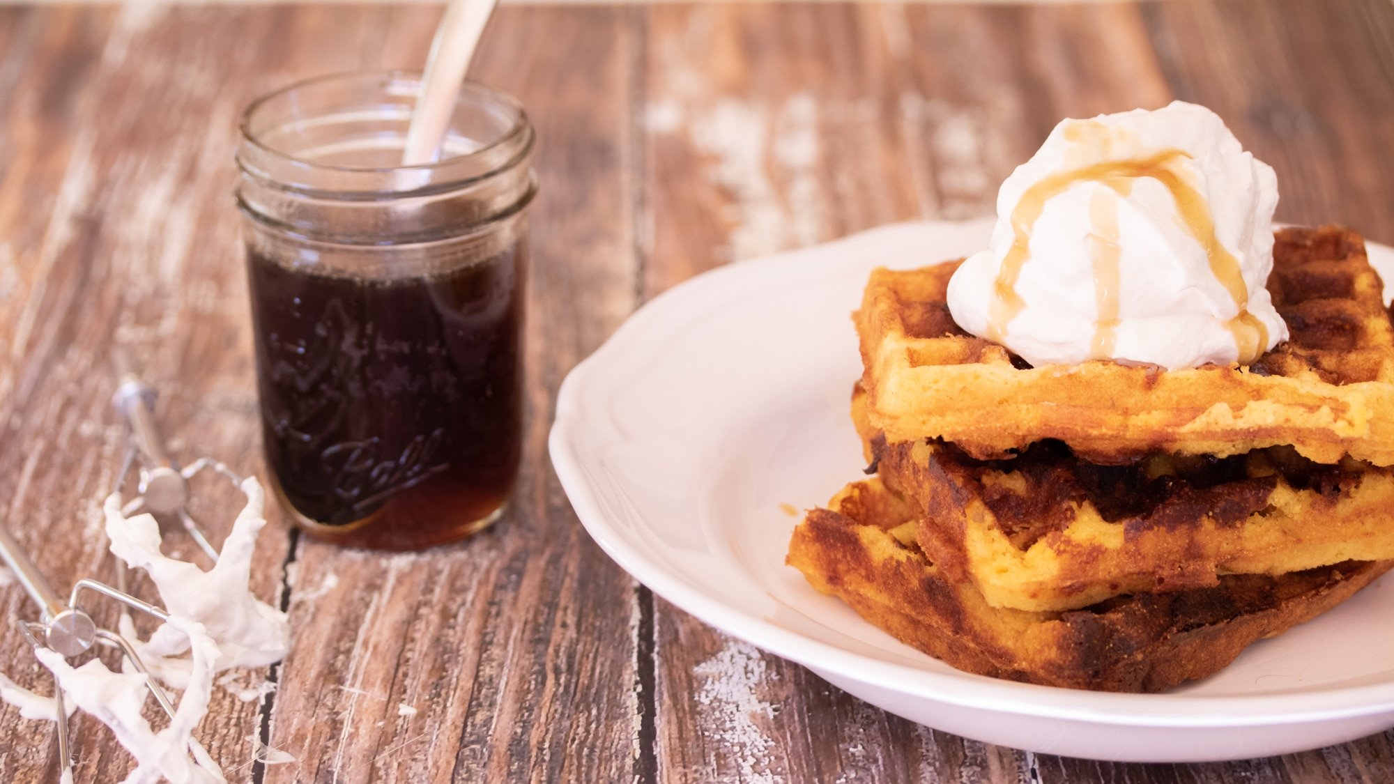 Cheddar Cornbread Waffles with Bourbon Maple Syrup