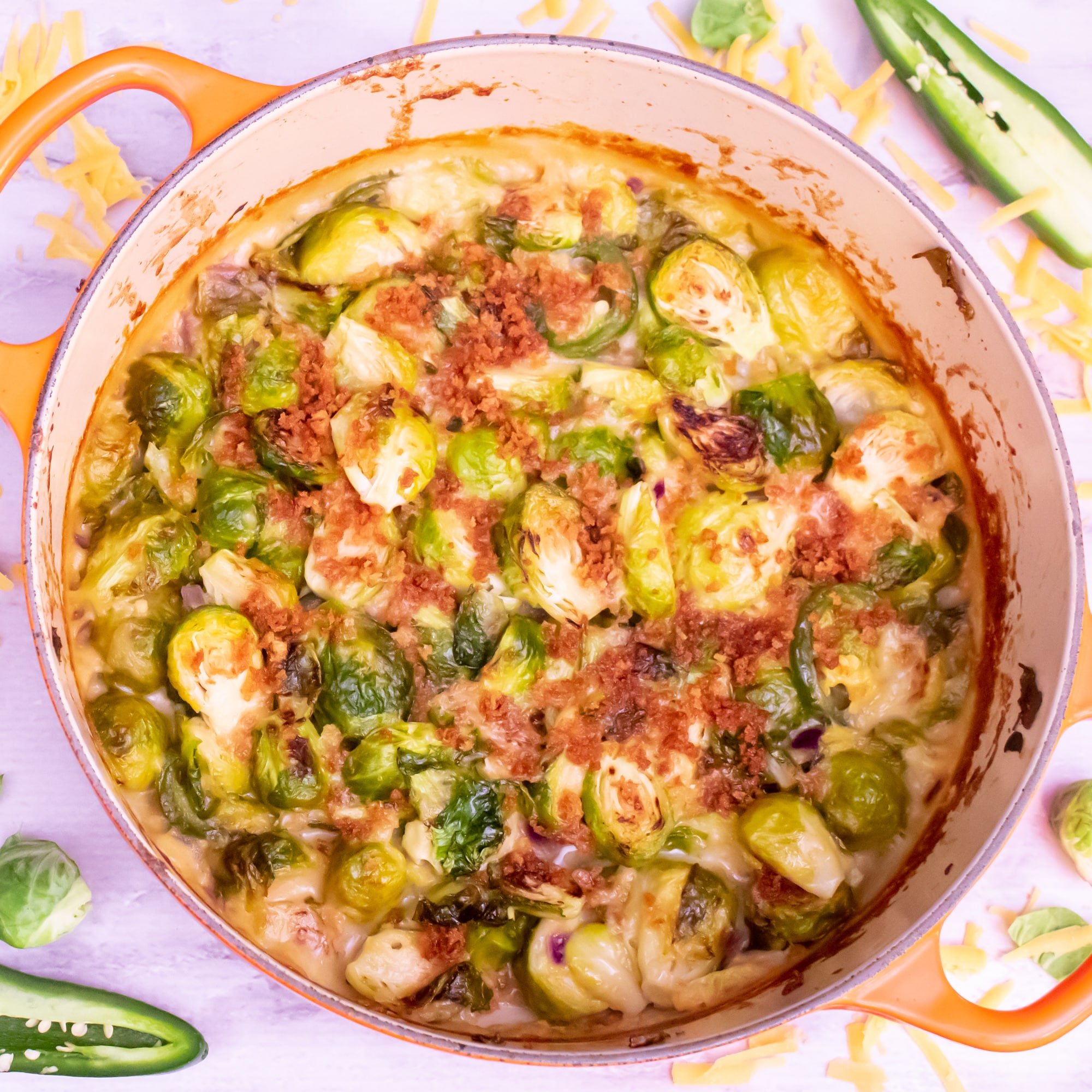 Spicy Cheesy Brussels Sprout Au Gratin
